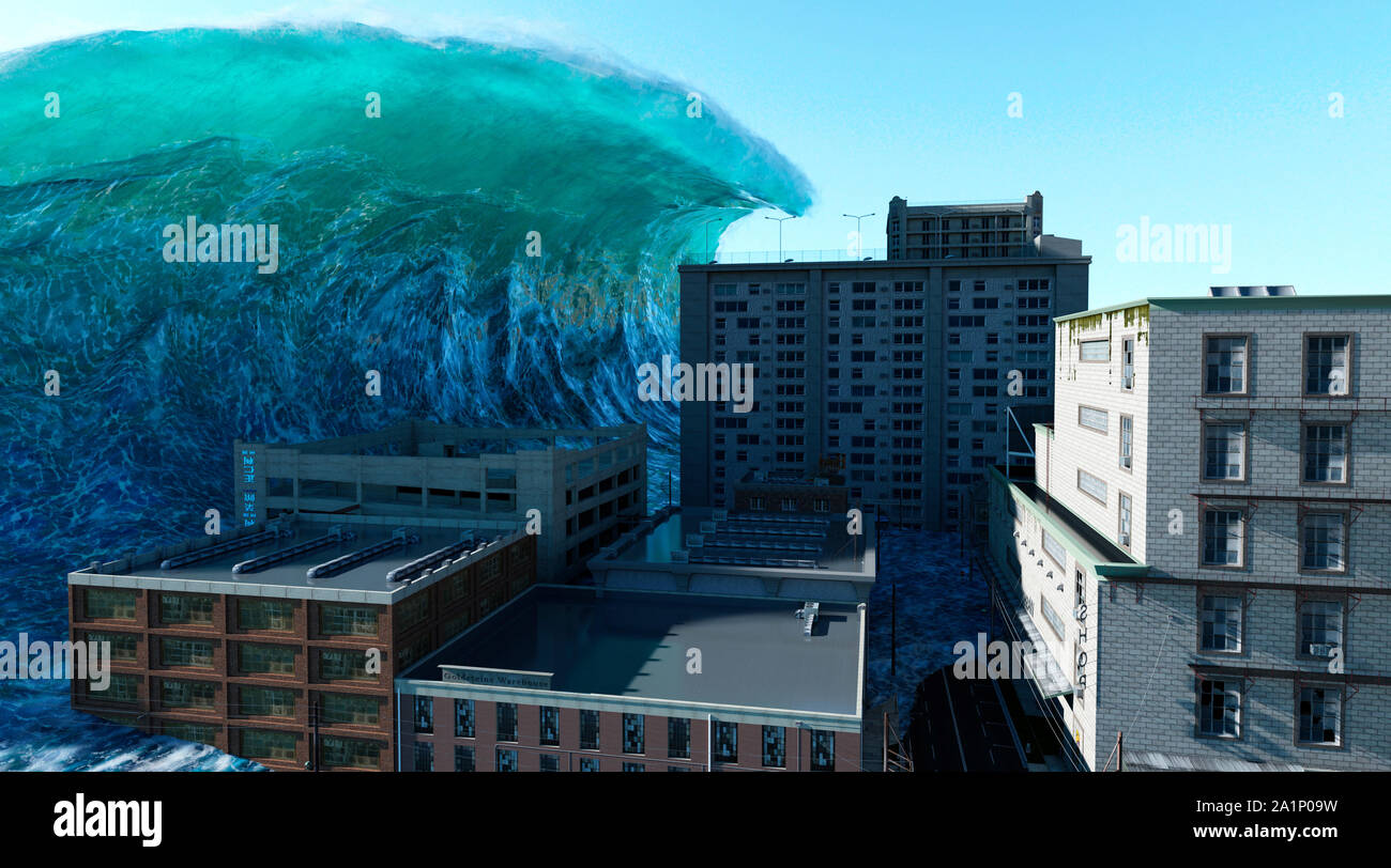 3D illustration tsunami wave apocalyptic water view urban flood Storm ...