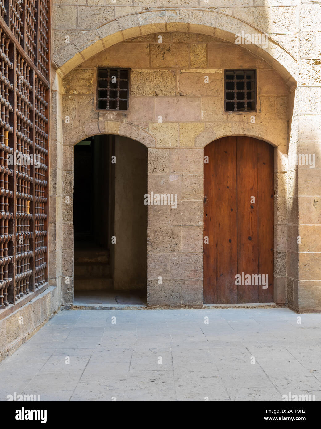 Exterior brick stone passage with two adjacent vaulted opened and ...