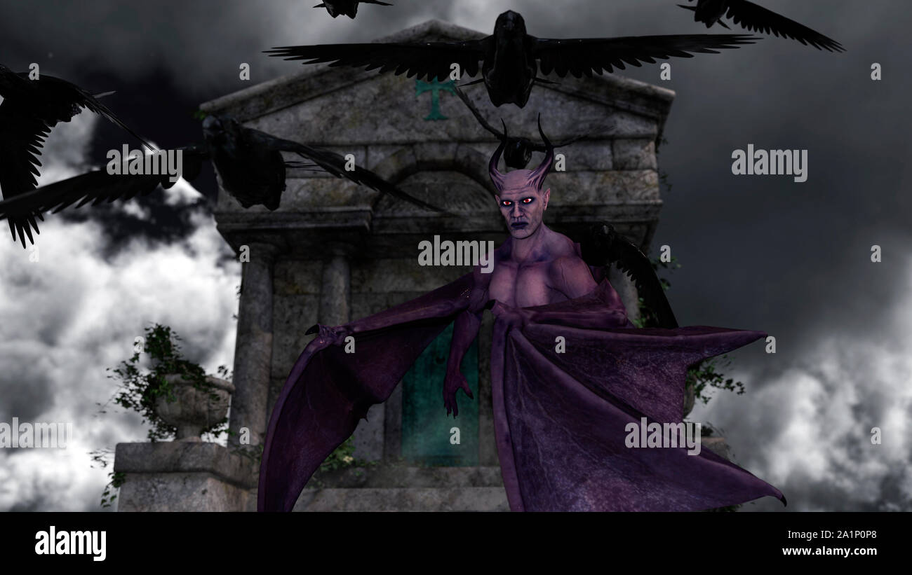 Fallen angel satan in old spooky mausoleum in moonlight - 3d rendering ...