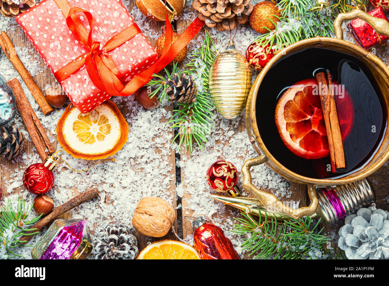 Christmas mulled wine hot alcoholic drink.Mulled wine and decorations ...