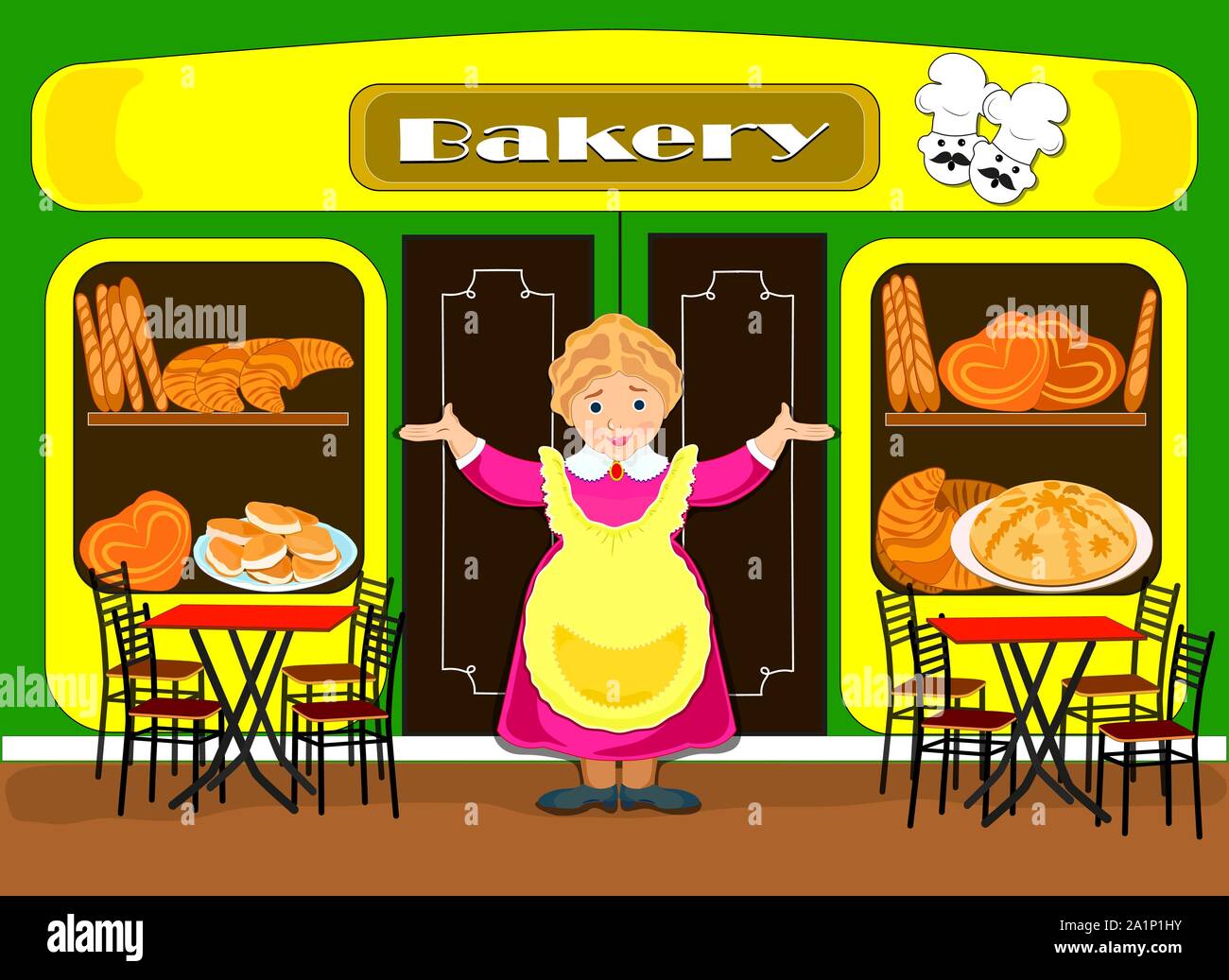 Flat drawing of a Baker's window. Small business bakeries. The seller ...