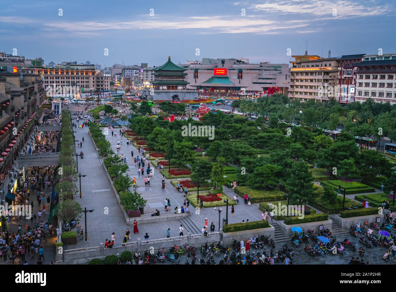 Xian, China - July 2019 : Crowds walking on streets and town square ...
