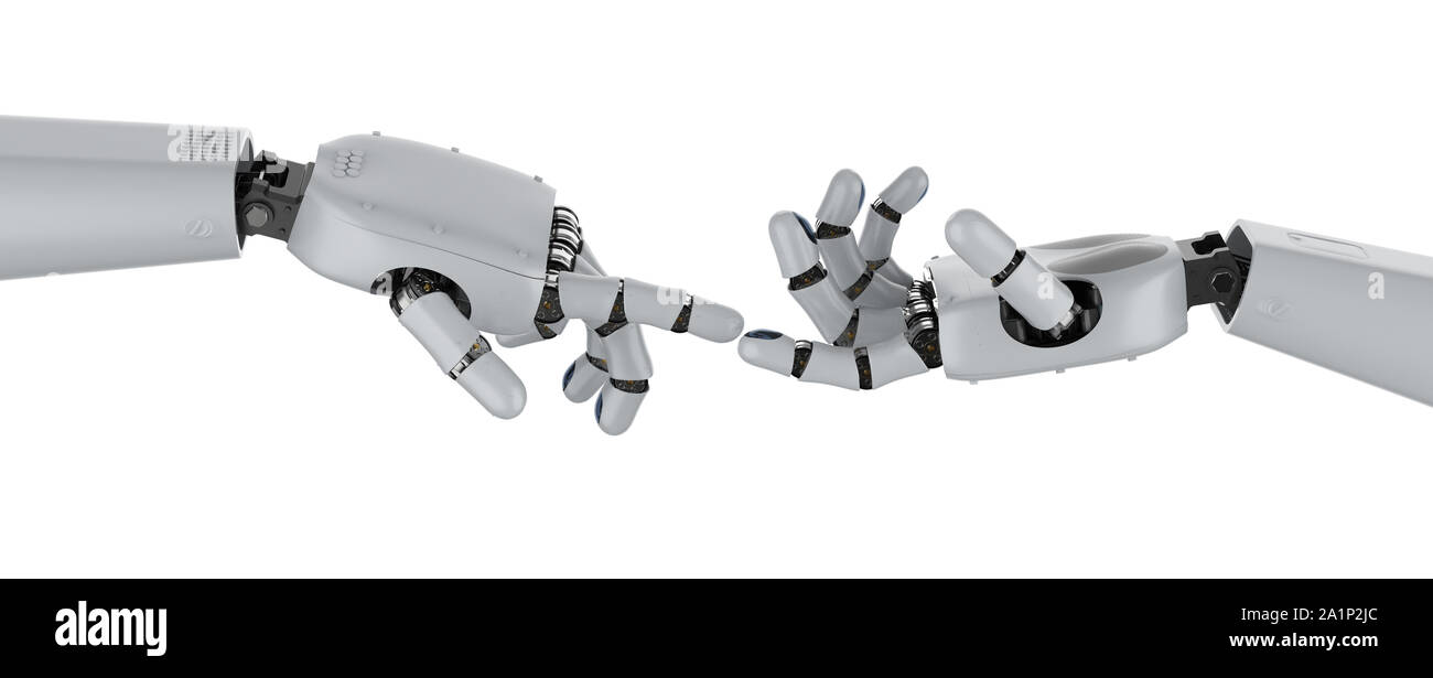Technology connection concept with 3d rendering two robotic hands ...