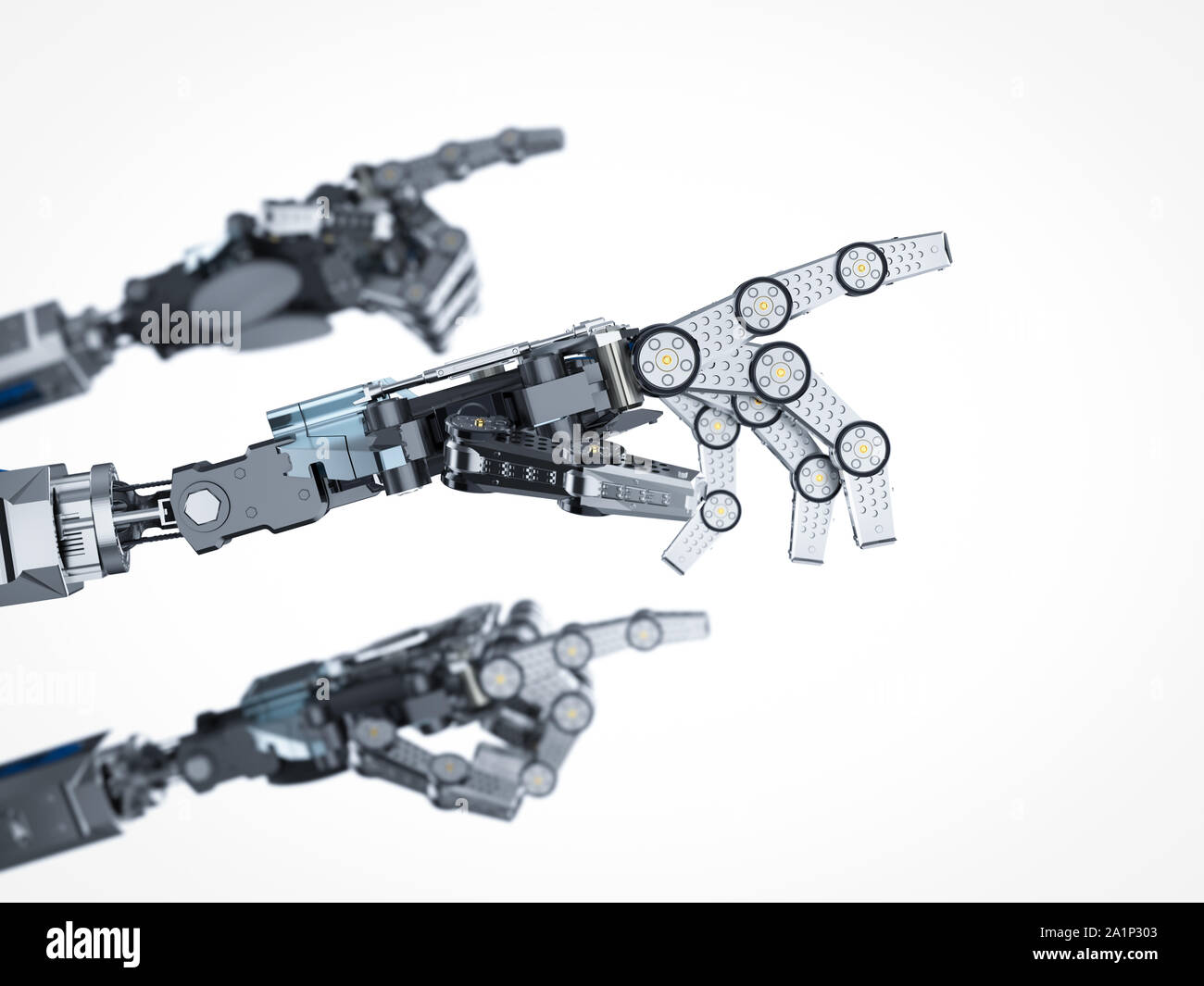3d rendering group of robotic hand or cyborg hand finger point isolated ...