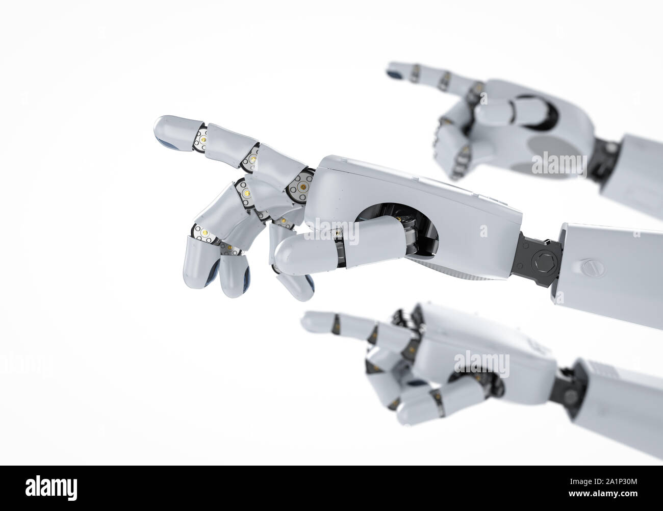 3d rendering group of robotic hand or cyborg hand finger point isolated ...