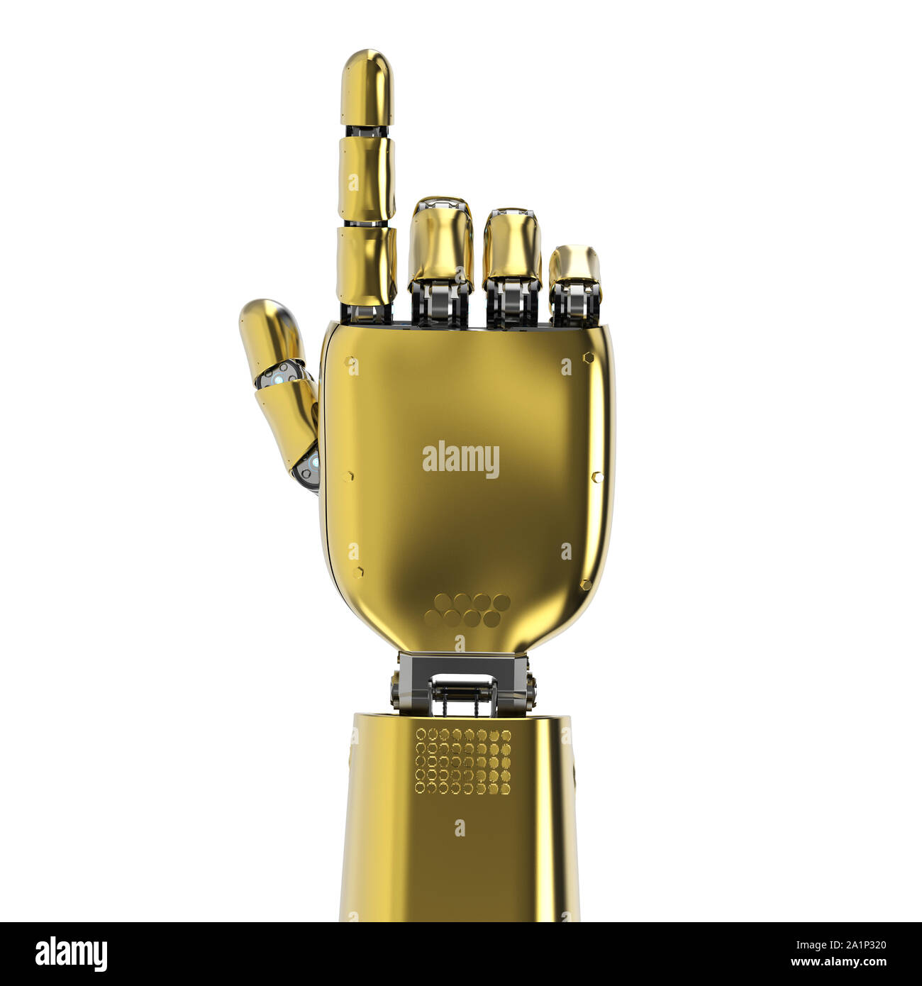3d rendering golden robotic hand or cyborg hand finger point isolated ...