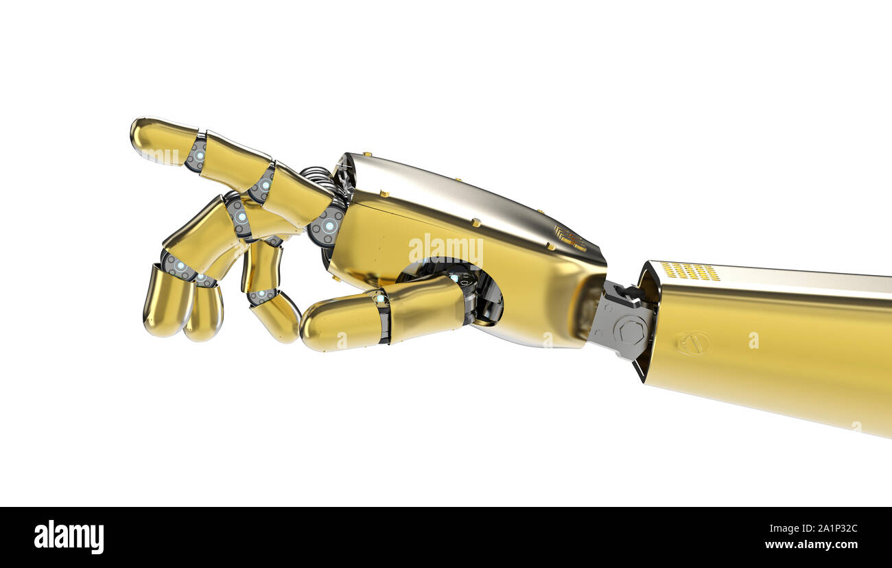 3d rendering golden robotic hand or cyborg hand finger point isolated ...