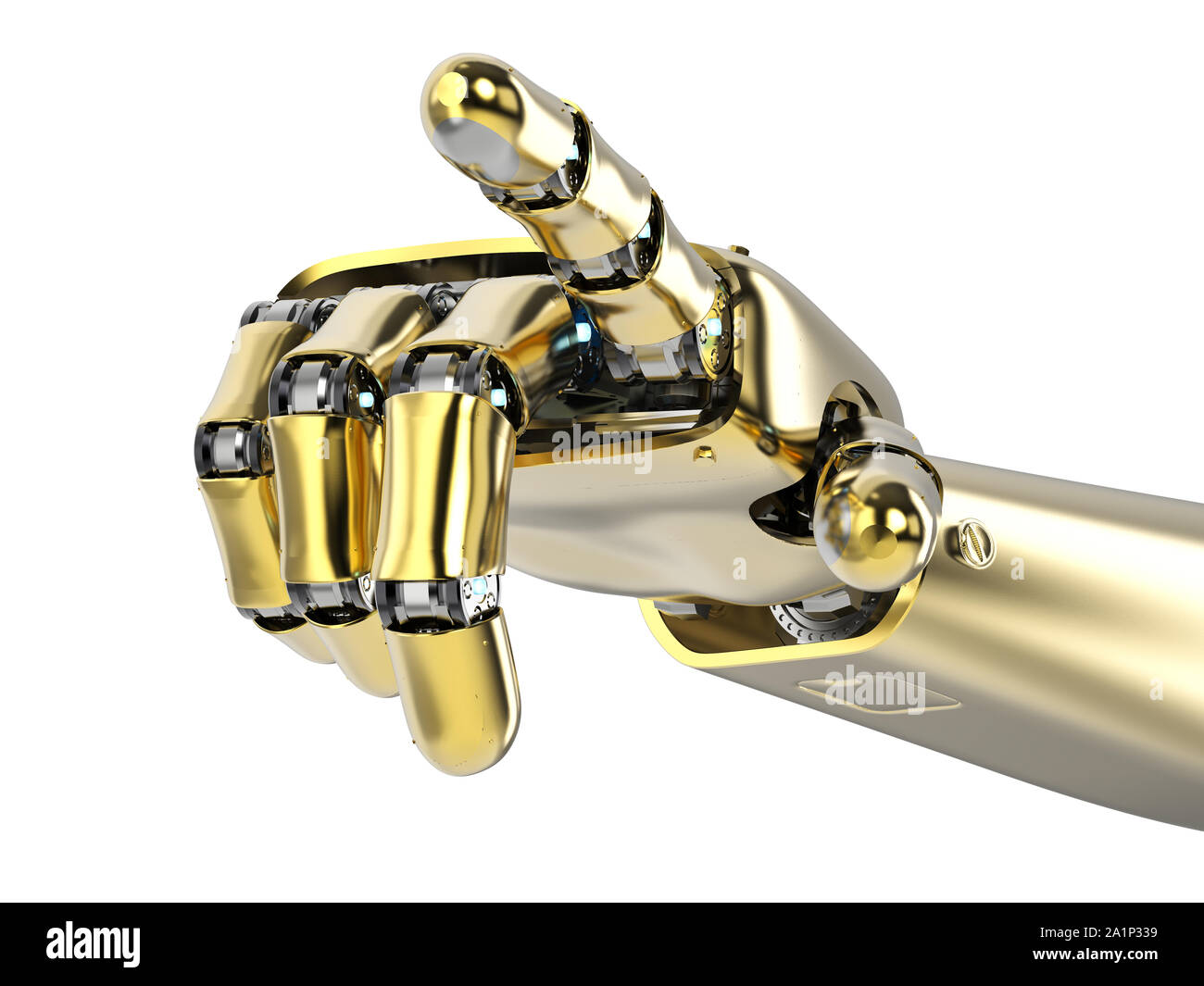 3d rendering golden robotic hand or cyborg hand finger point isolated ...