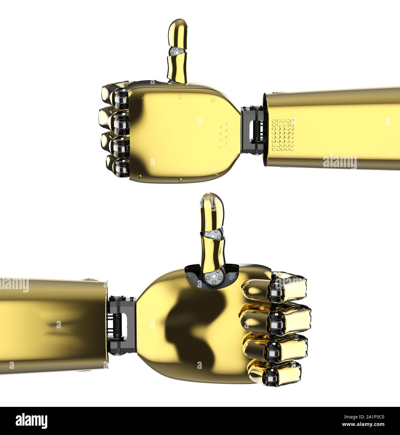 3d rendering golden robotic hand or cyborg hand thumb up isolated on ...