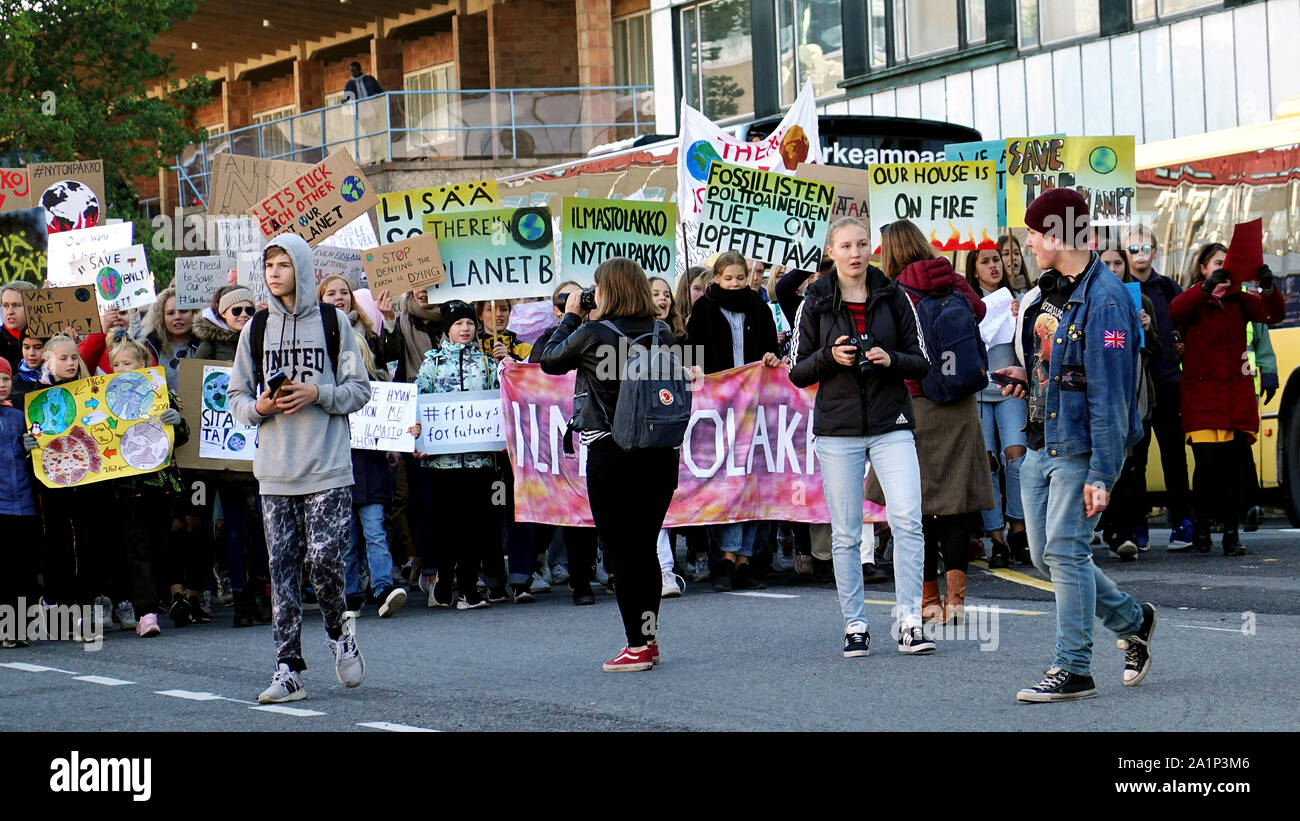 Turku, Finland - September 27, 2019: School strike for climate. Also ...