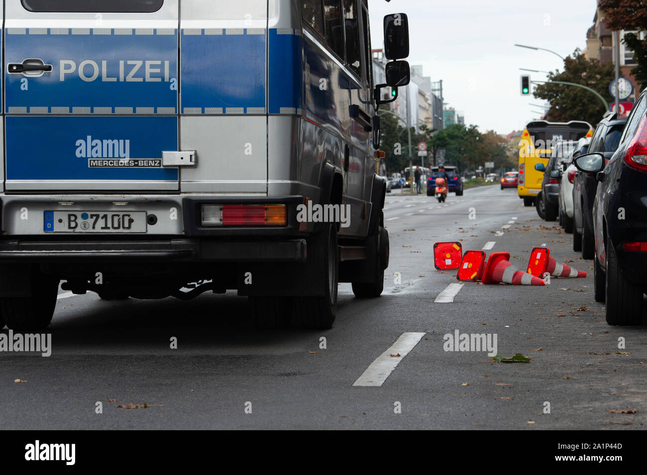 Berlin, Germany. 28th Sep, 2019. Pylons lie on the cantonal road in ...