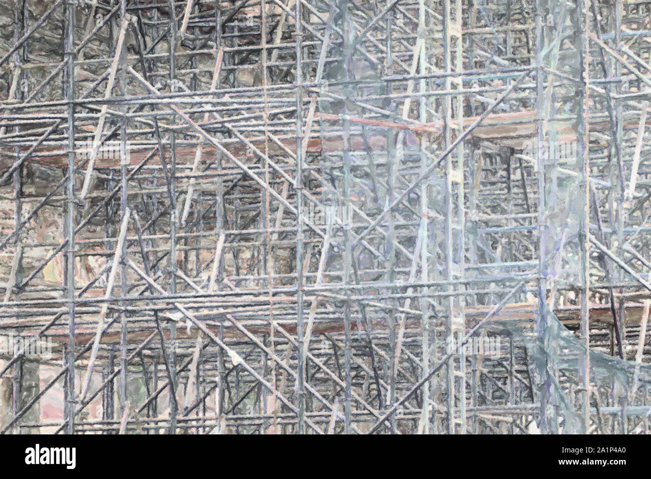 watercolor illustration: Complicated scaffolding consisting of many ...