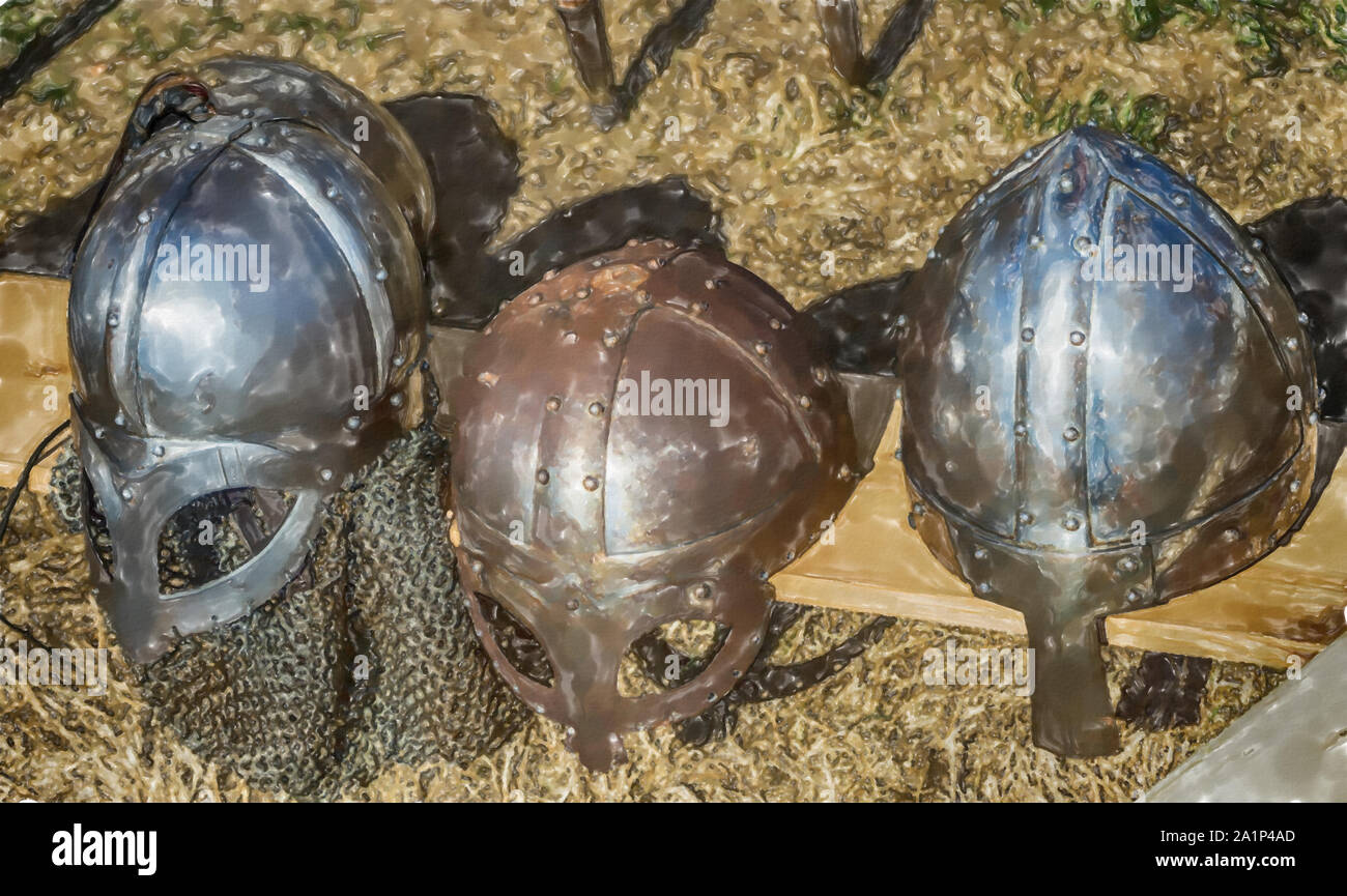 watercolor illustration: Three helmets with nose protection as worn by ...