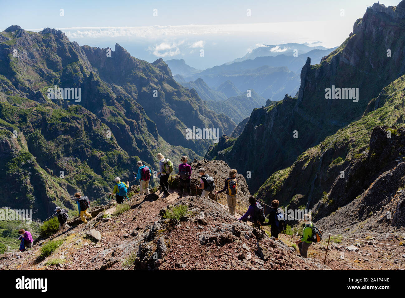 PICO DO AREEIRO, MADEIRA - SEPTEMBER 2019: Group of tourists hiking in ...