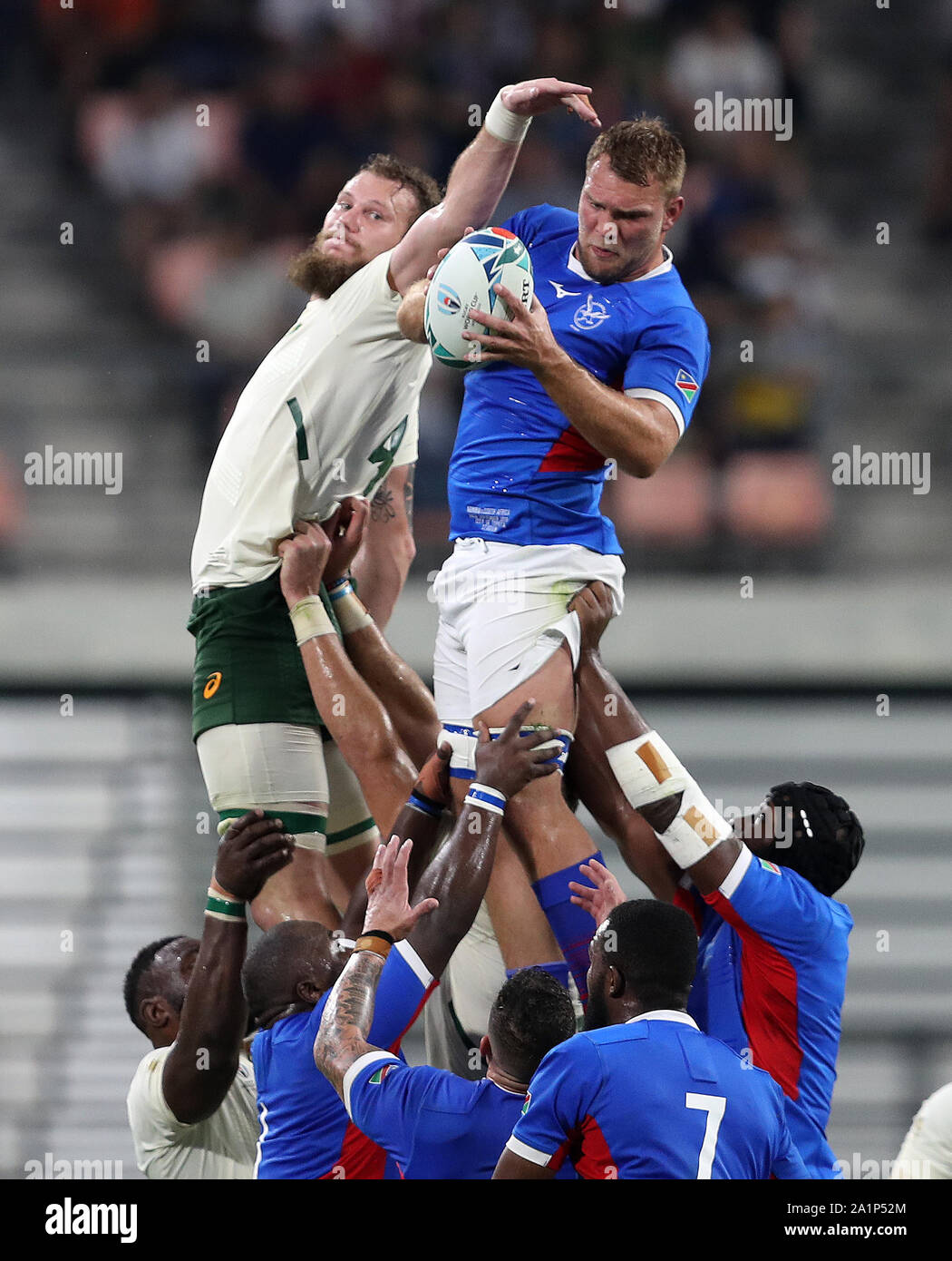 Namibia's Johan Retief wins a lineout during the 2019 Rugby World Cup ...