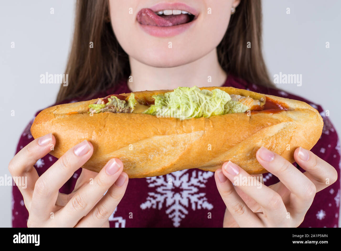 Unhealthy eating concept. Cropped closeup photo of cheerful excited ...
