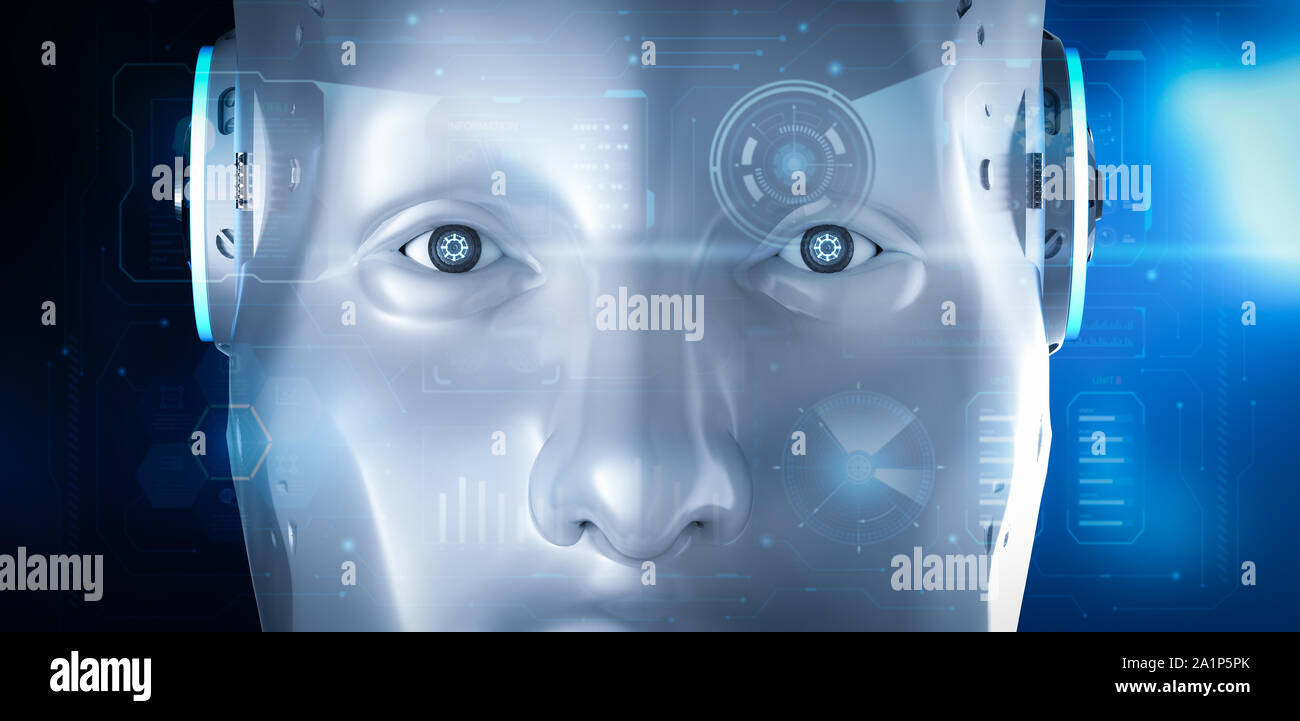 3d rendering cyborg or robot working with hud or graphic display Stock ...