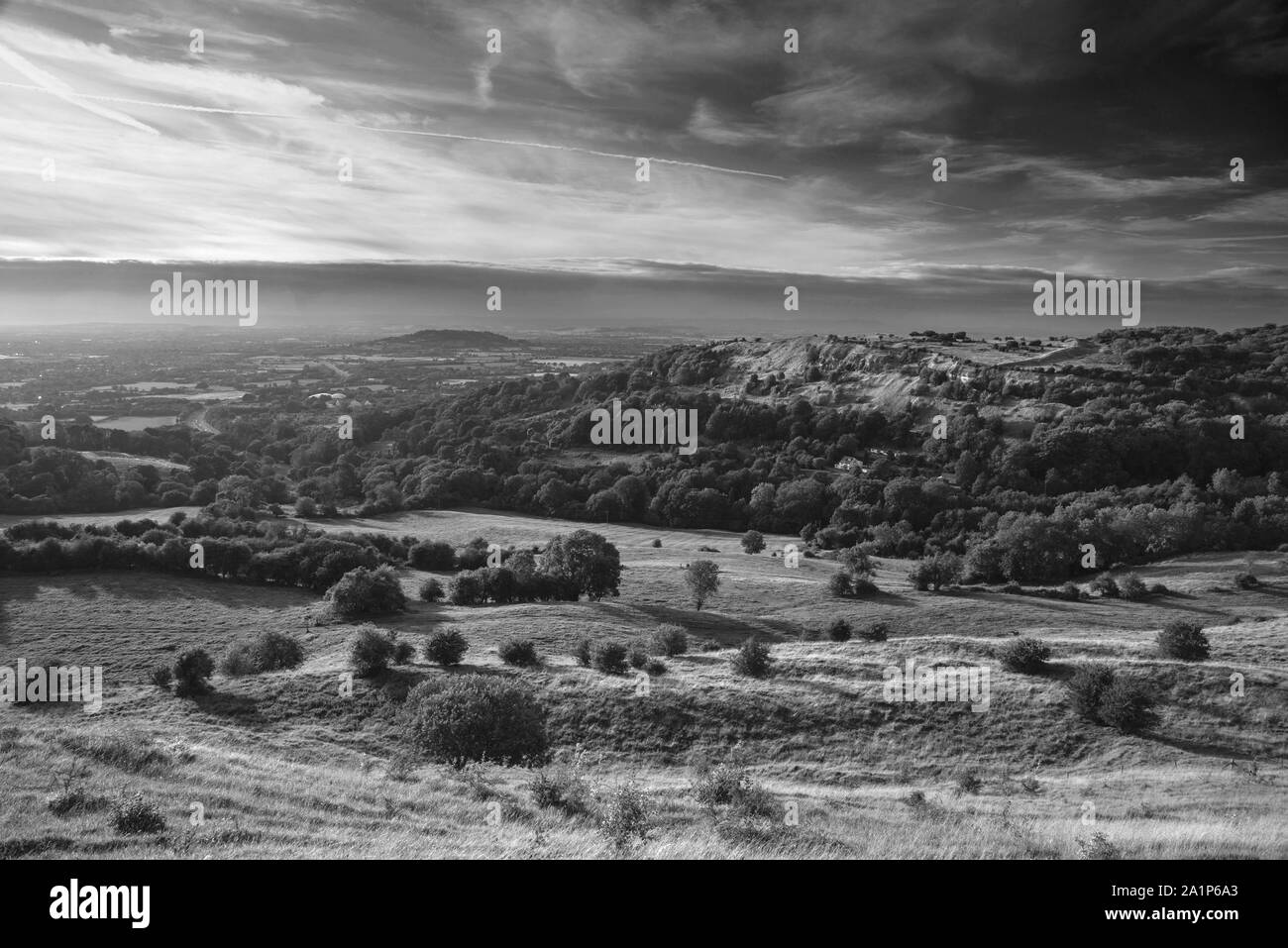 Beautiful black and white landscape image of view over English ...