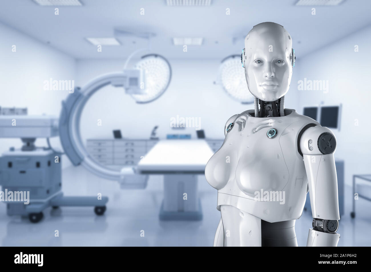 Medical technology concept with 3d rendering female cyborg diagnos with ...