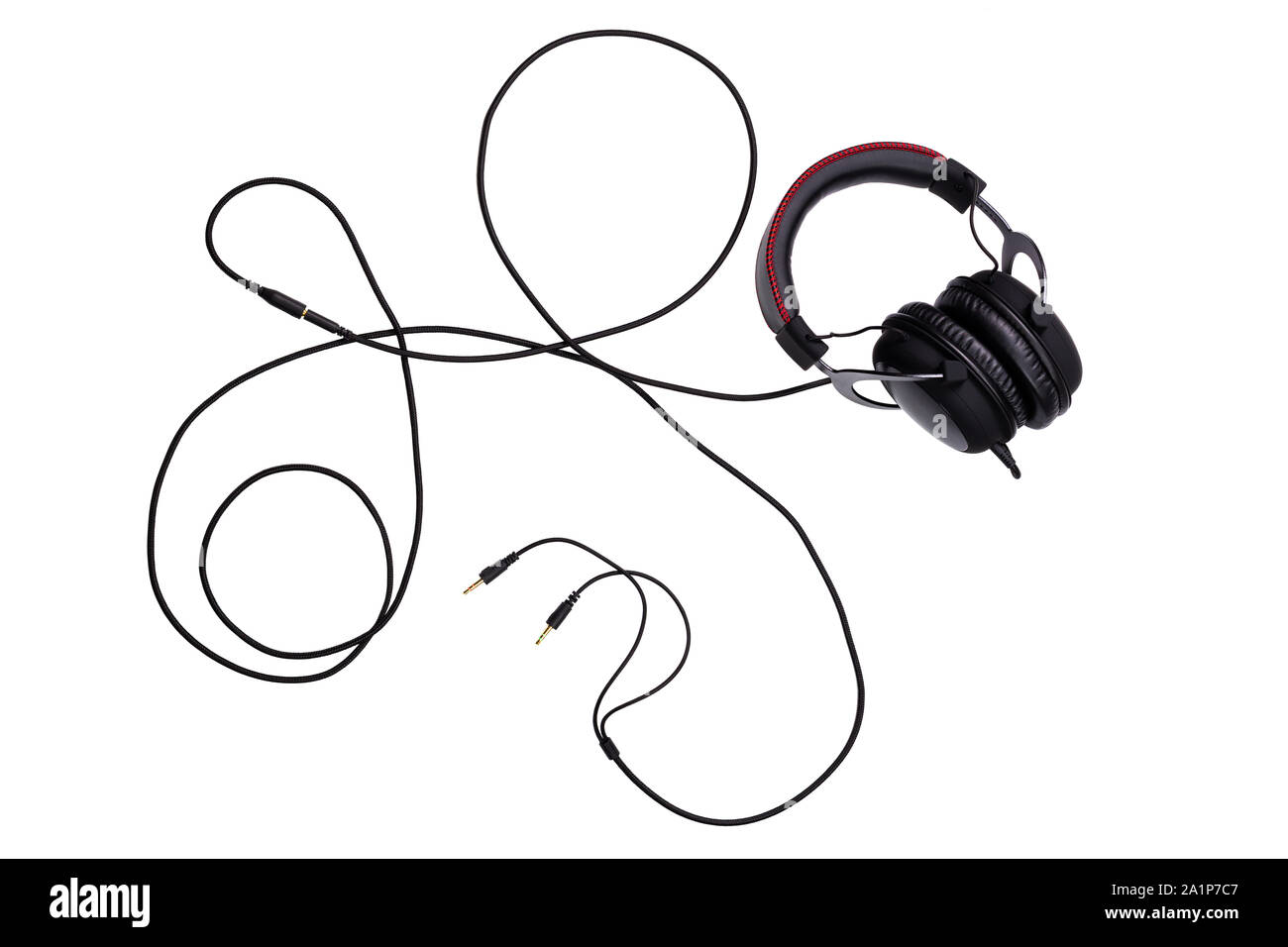 wired black gaming headset with whole wire isolated on white background ...