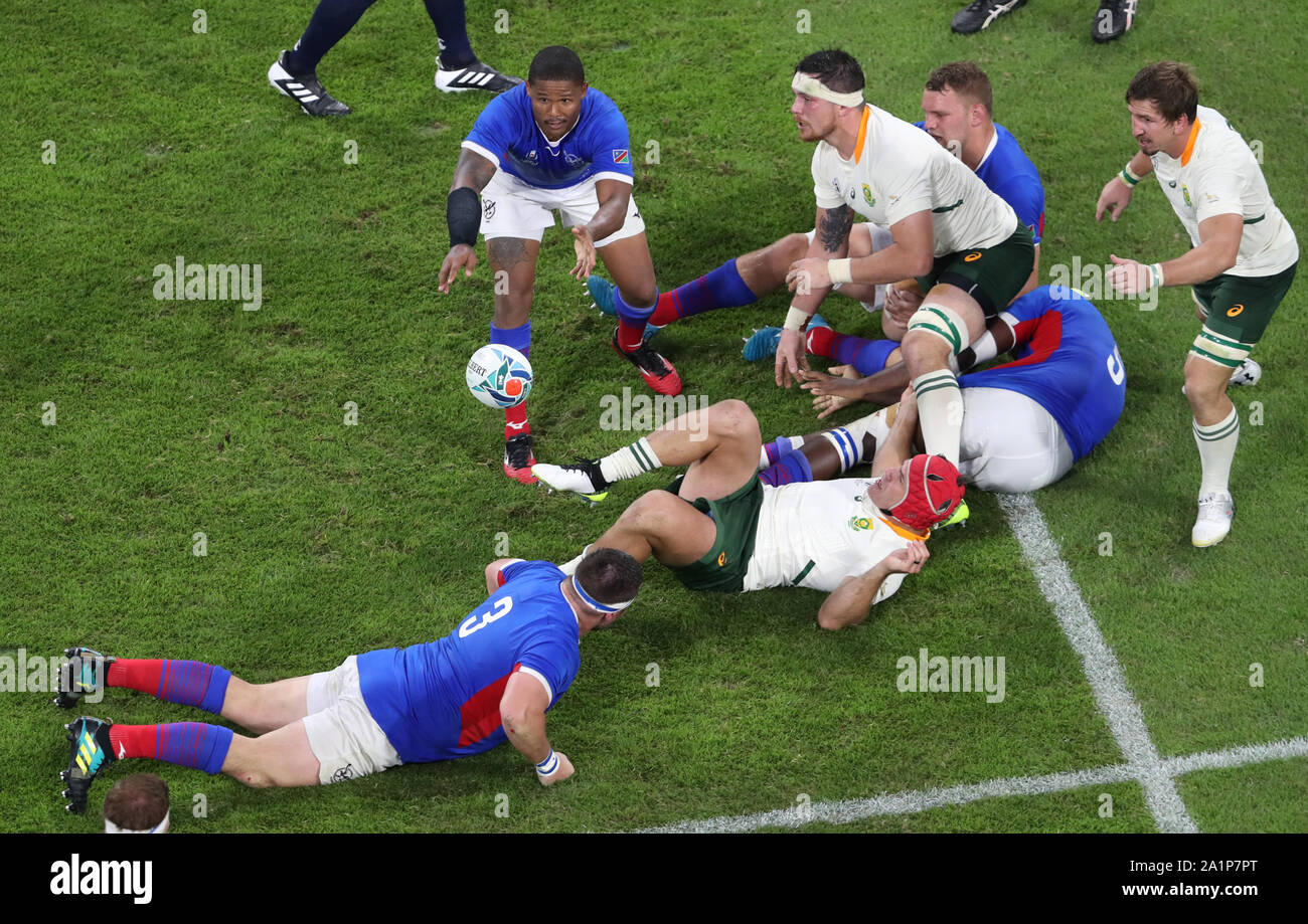 Namibia's Eugene Jantjies passes during the 2019 Rugby World Cup match ...