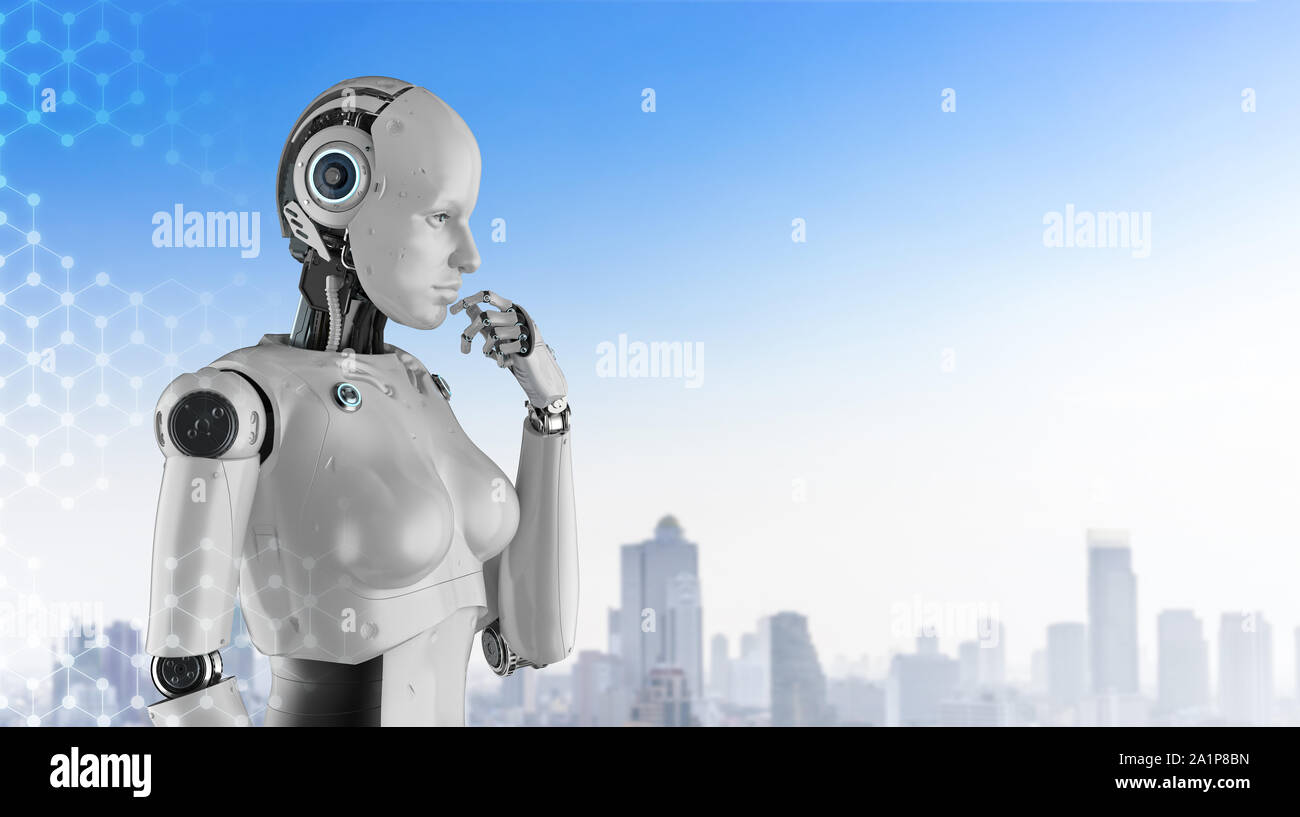 3d rendering cyborg girl or female robot analyze or thinking Stock ...