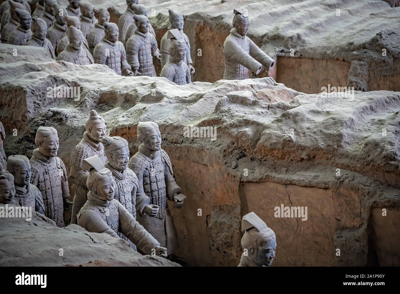 Xian, China - July 2019 : Standing clay soldiers forming part of an ...