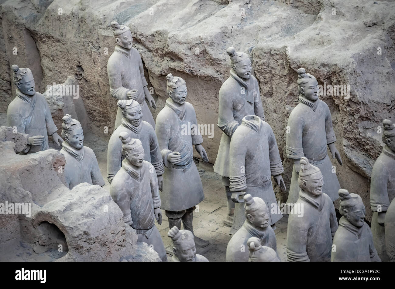 Xian, China - July 2019 : Standing clay soldiers forming part of an ...