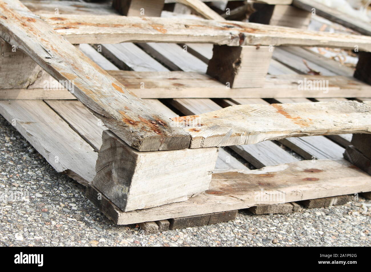Details, manufactured wooden pallets. Waste abandoned on the ground ...