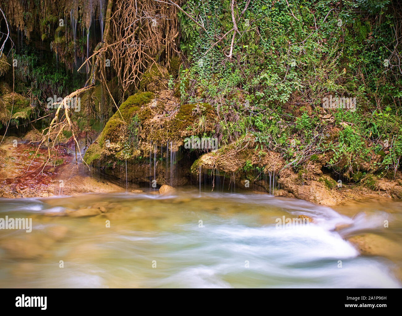 Water flow detail wet rocks and small waterfalls, in Neda river ...