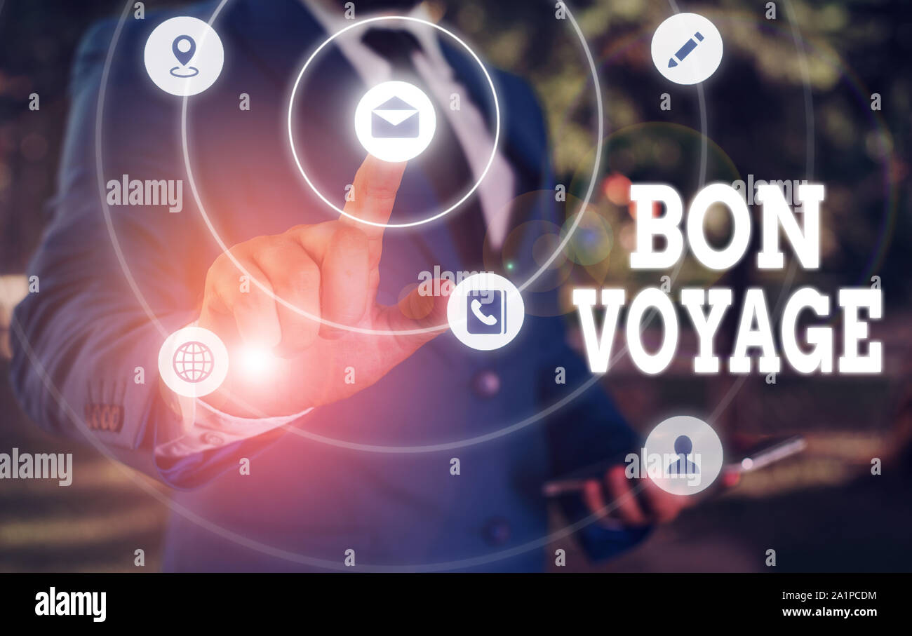 Writing note showing Bon Voyage. Business concept for used express good ...