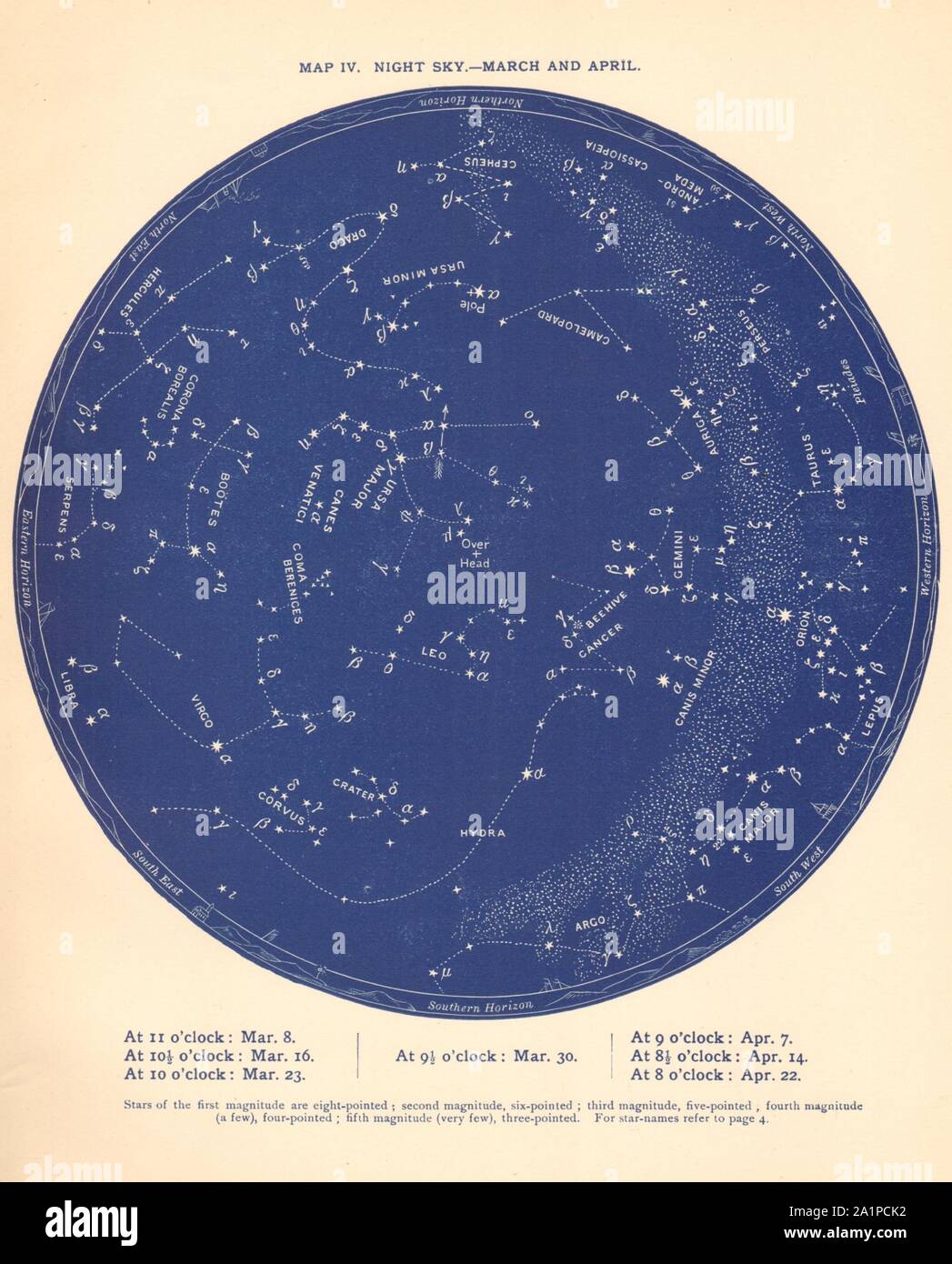 STAR MAP IV. The Night Sky. March-April. Astronomy. PROCTOR 1887 old ...