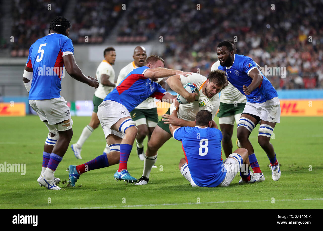 South Africa's Francois Steyn is held up short of the line by Namibia's ...