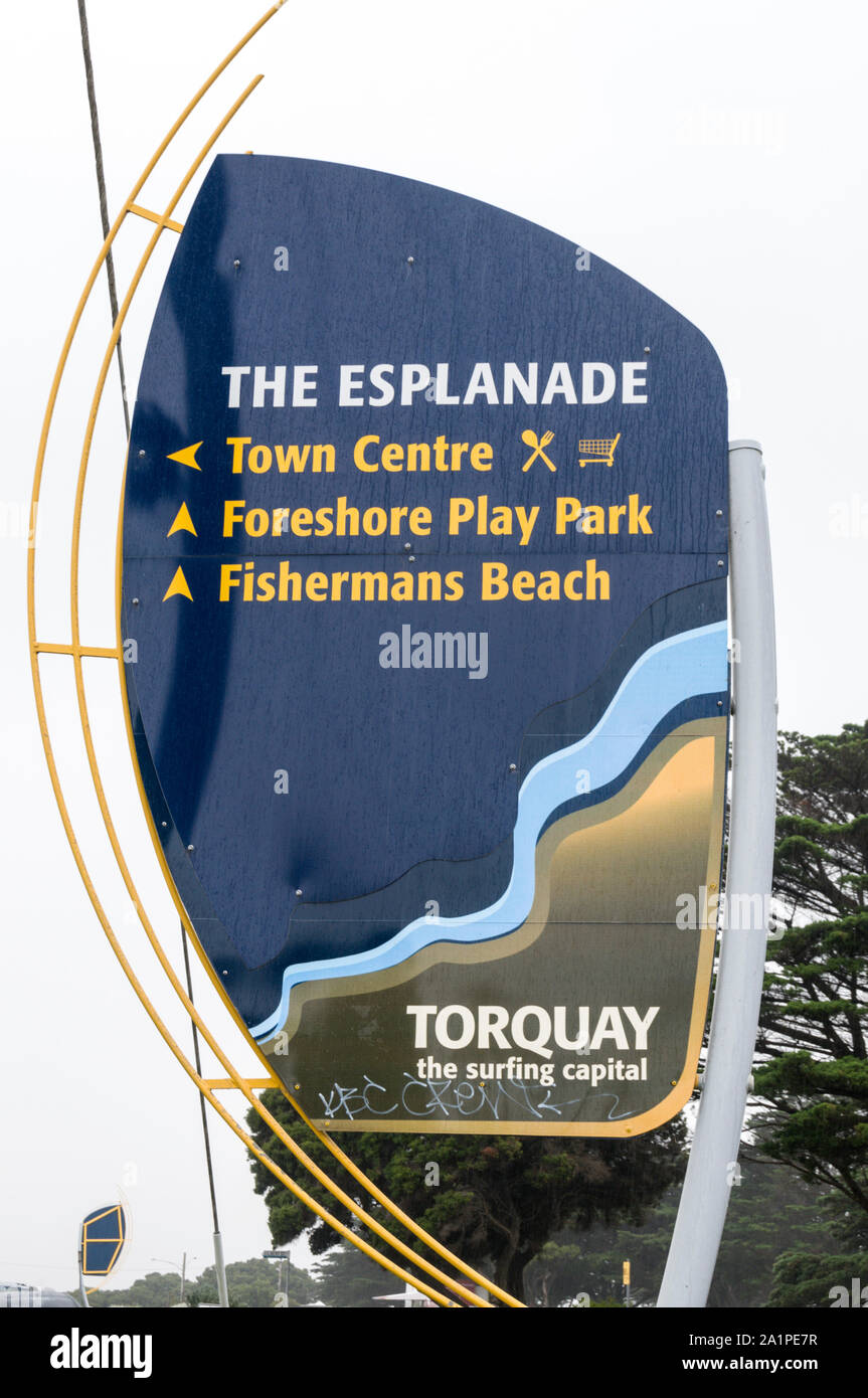 A road sign; Torquay is a seaside town at the east end of the Great ...