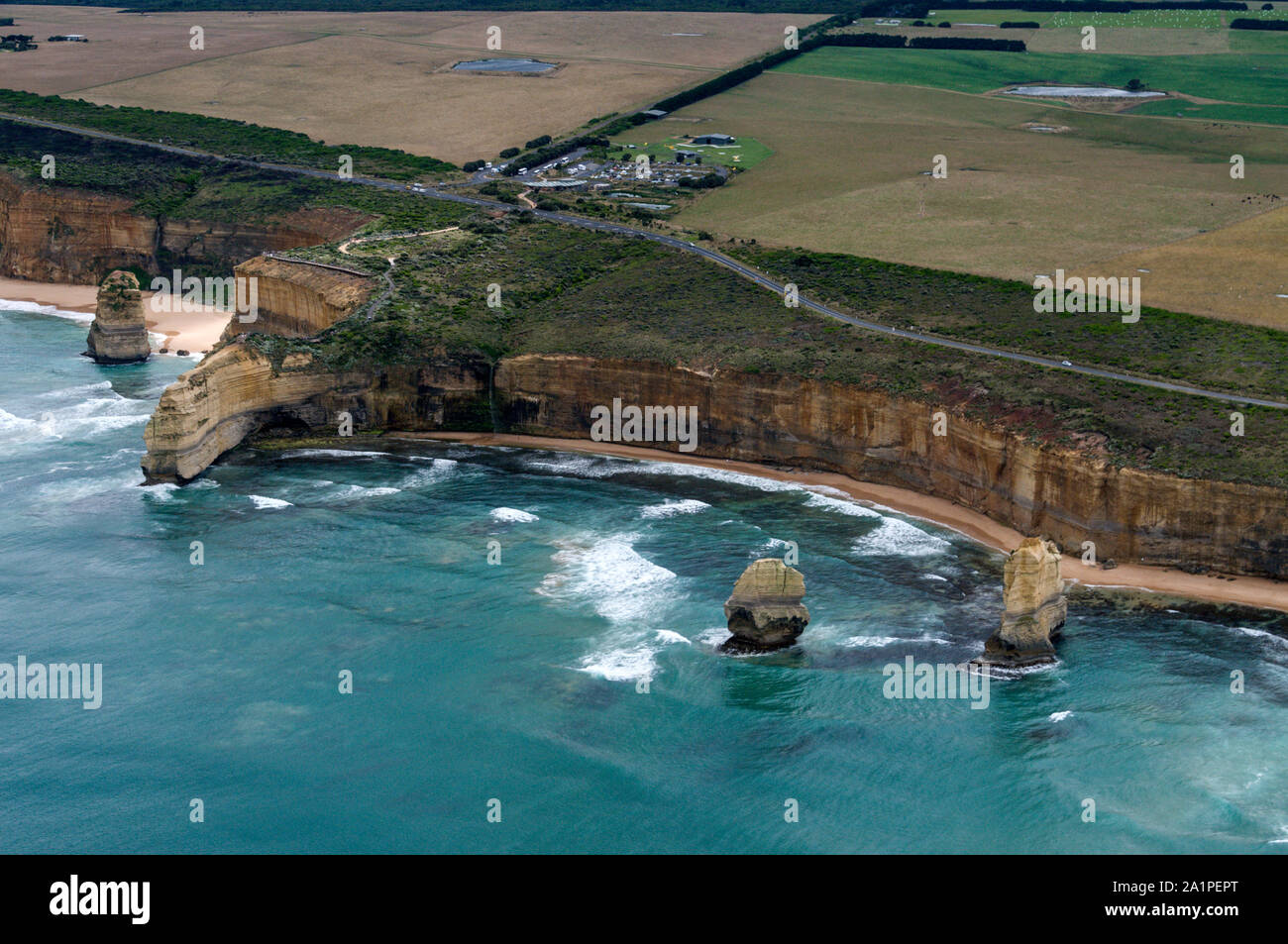 A line of limestone stacks 45 metres high known as the Twelve Apostles ...