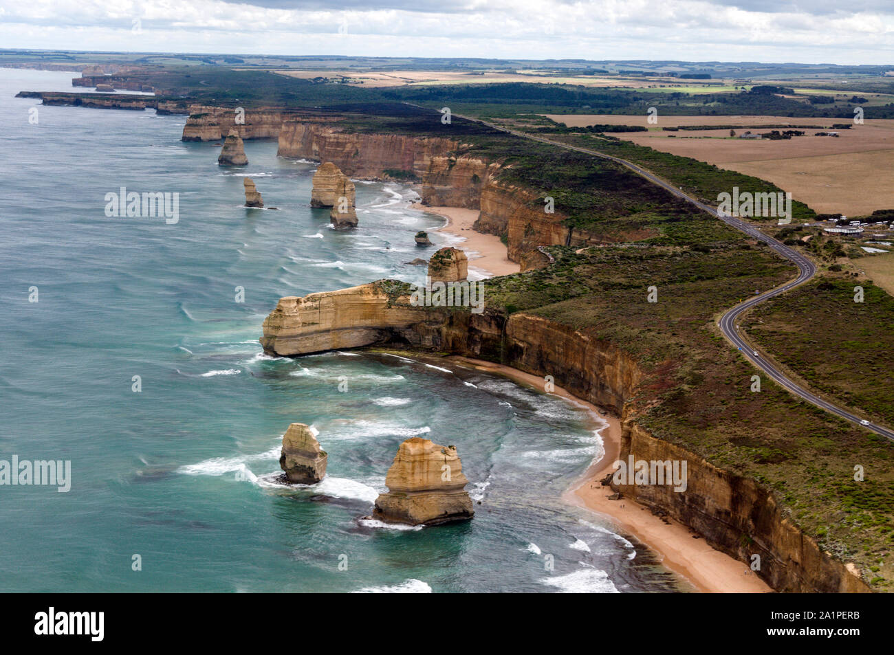 A row of limestone stacks, 45 metres high, known as the Twelve Apostles ...