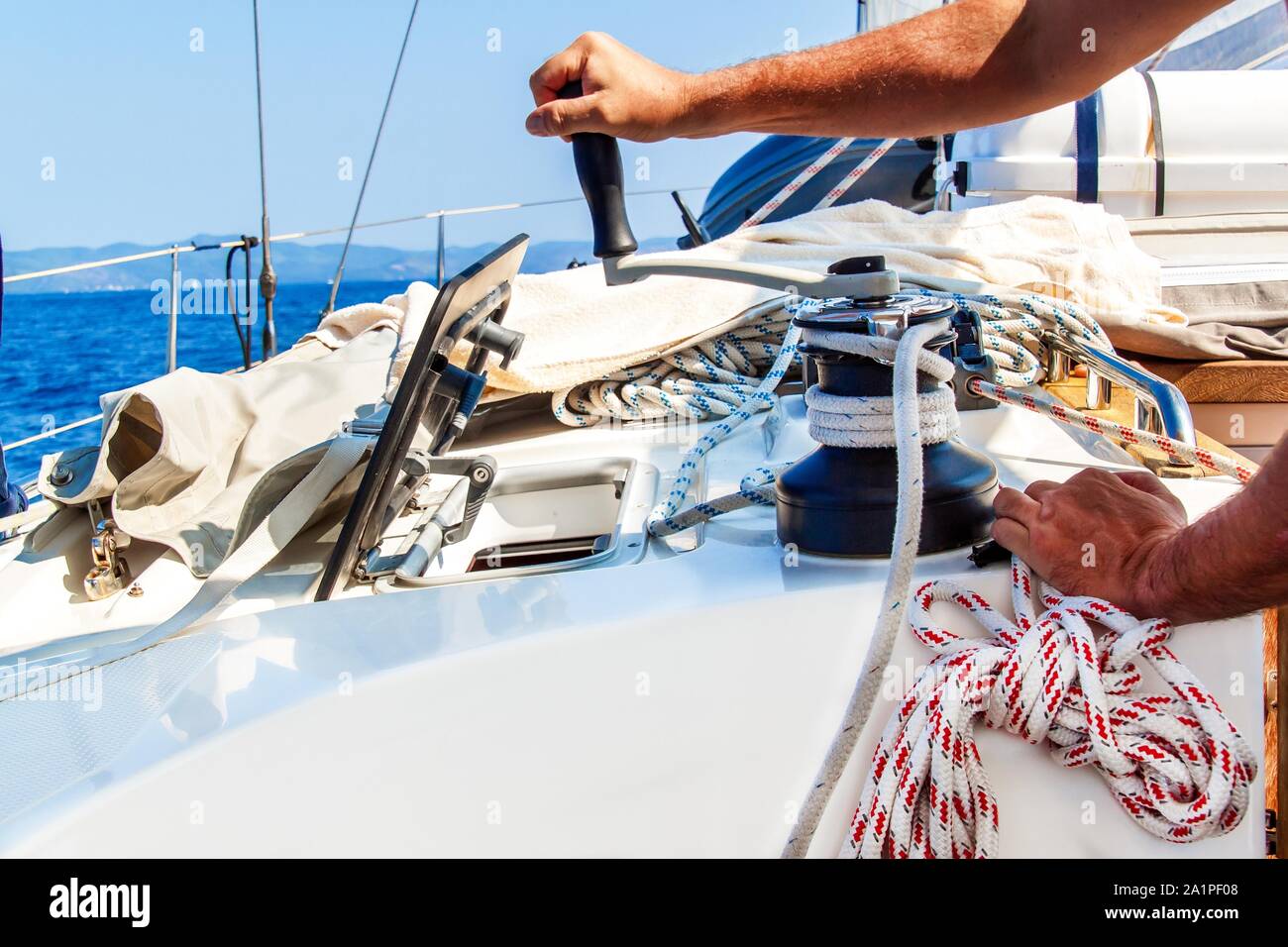 Sailboat Winch and Rope Yacht detail. Yachting. Sailing on the sea ...