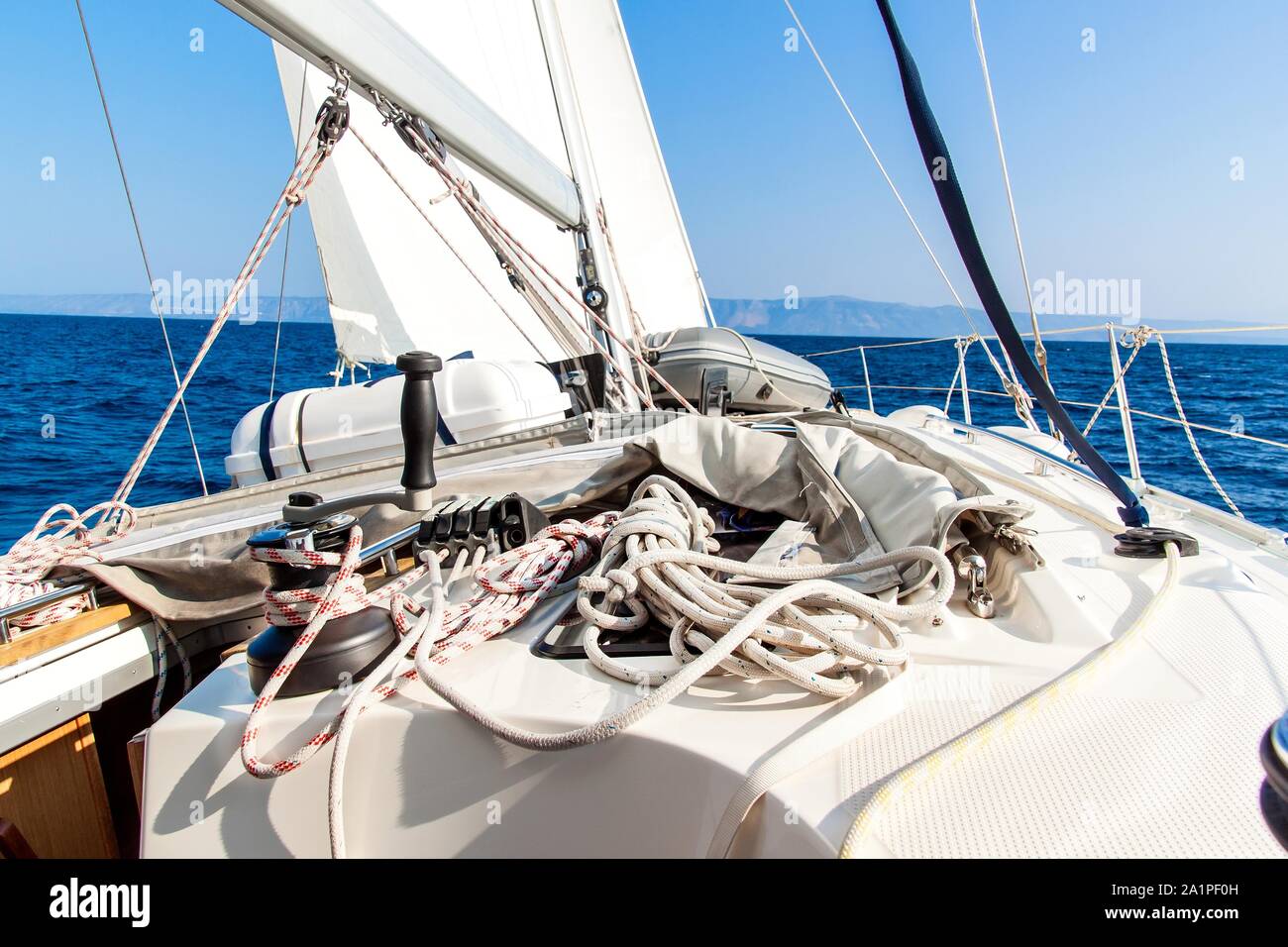 Sailboat Winch and Rope Yacht detail. Yachting. Sailing on the sea ...
