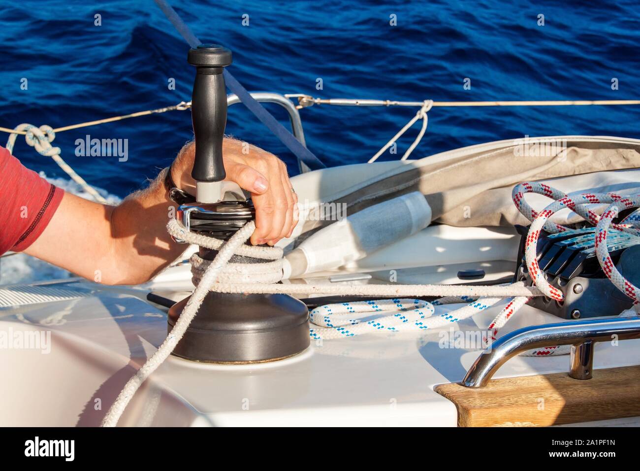 Sailboat Winch and Rope Yacht detail. Yachting. Sailing on the sea ...