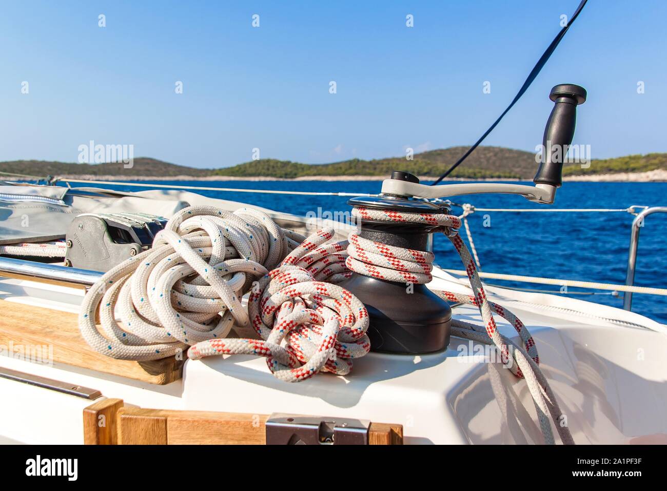 Sailboat Winch and Rope Yacht detail. Yachting. Sailing on the sea ...