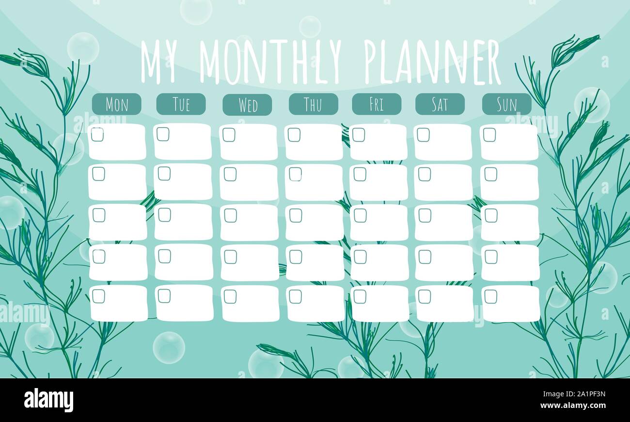 Marine life monthly planner/schedule with seaweeds. Vector stationary ...