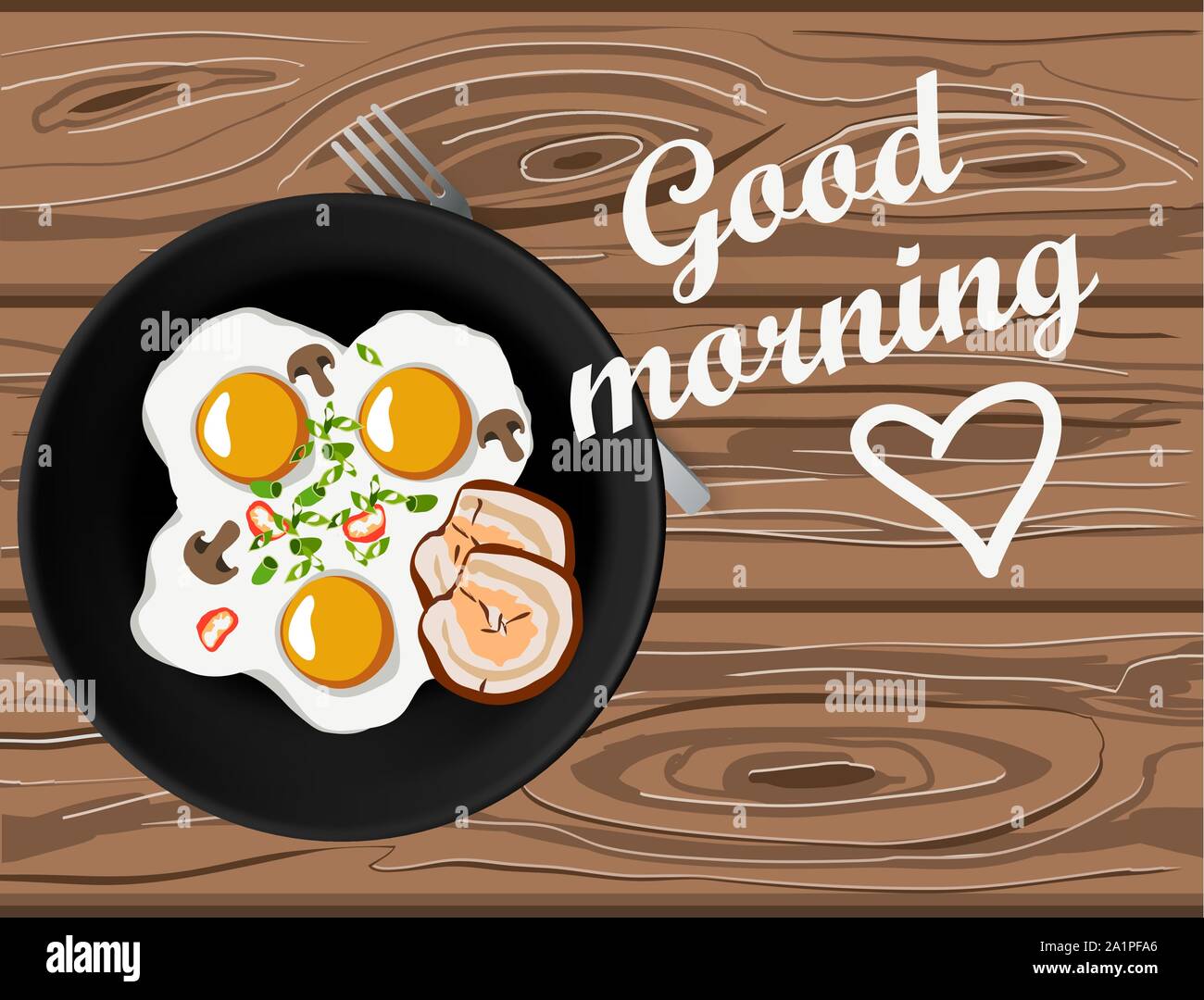 Fried eggs and bacon top view on wooden table with good morning ...