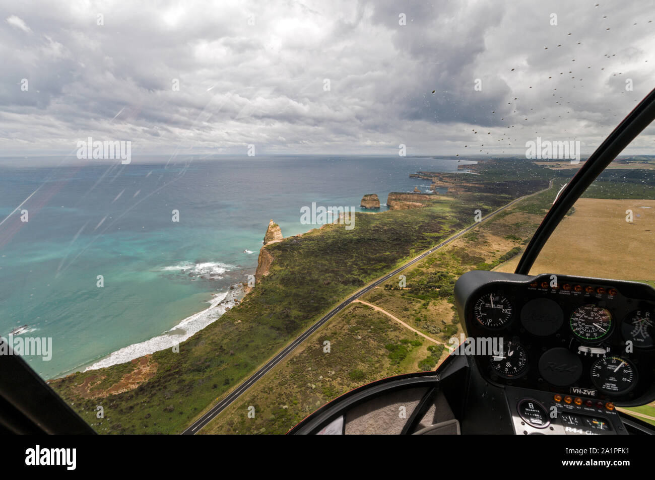Air view from a helicopter cockpit of some of the limestone stacks ...