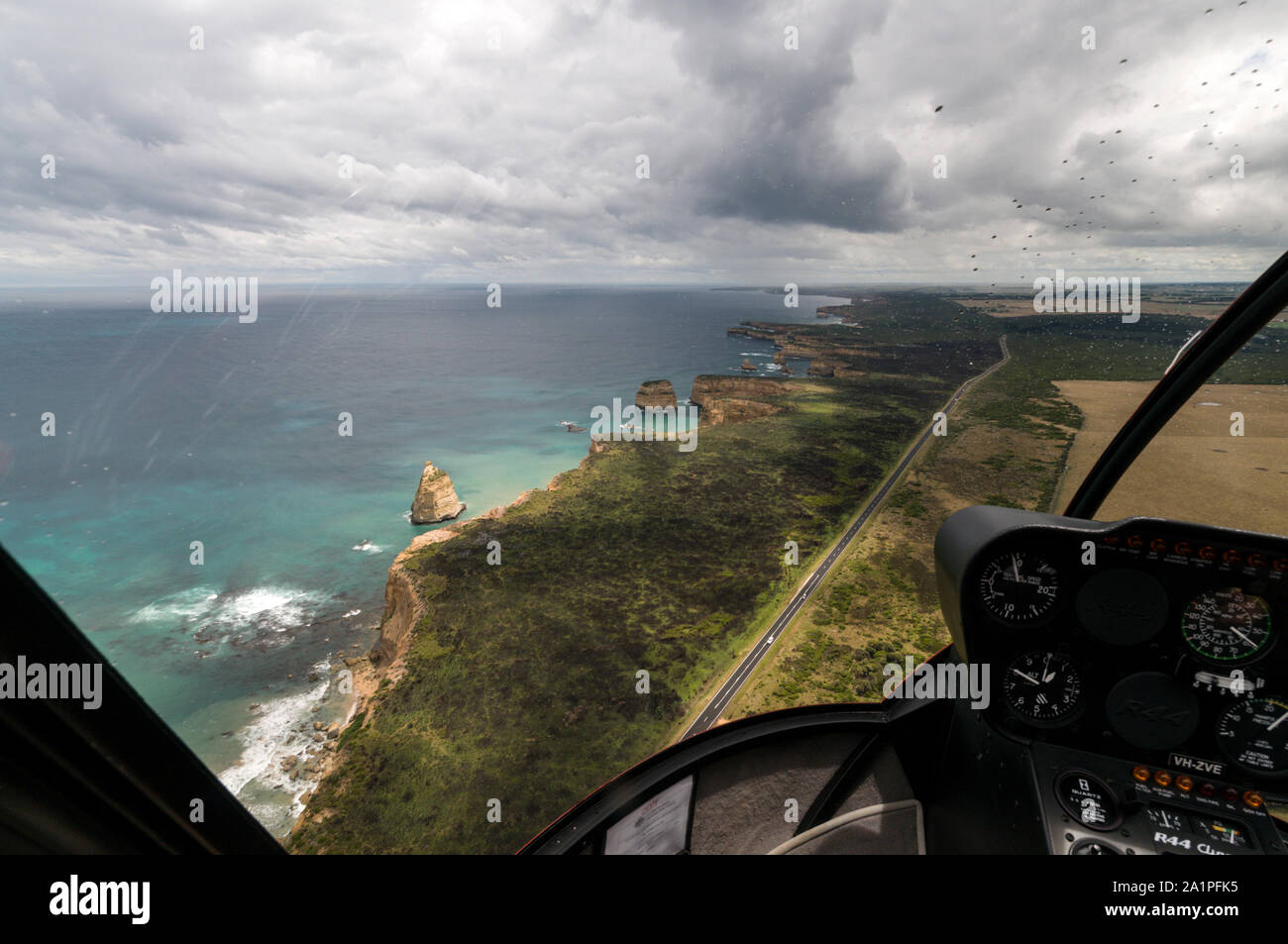 Air view from a helicopter cockpit of some of the limestone stacks ...