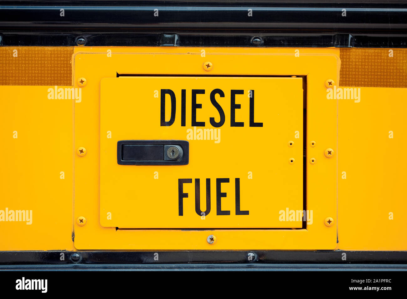 School bus diesel fuel sign horizontal close-up on school yard Stock ...