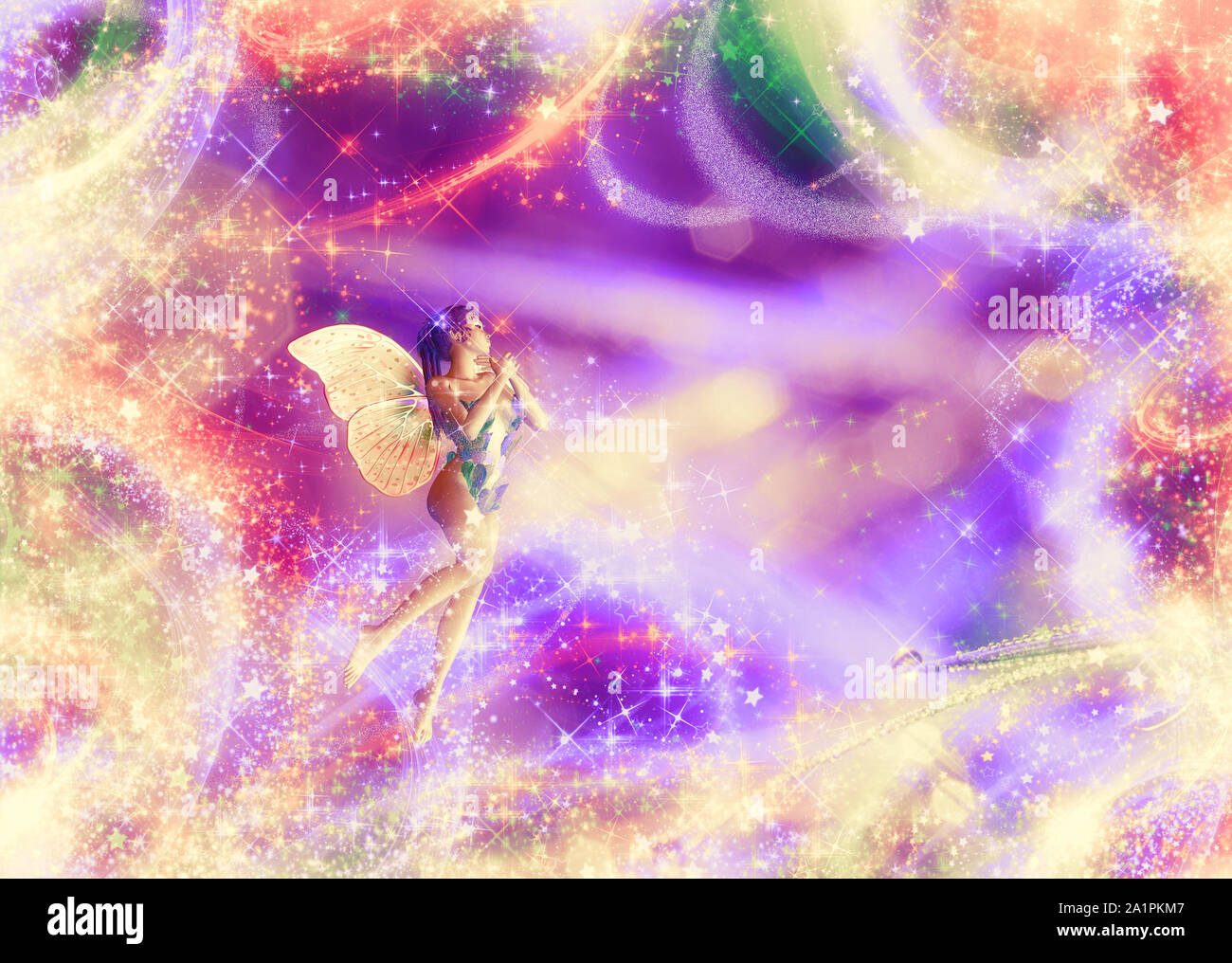 Fantasy scene with floral 3d rendered fairy over blurry grass ...