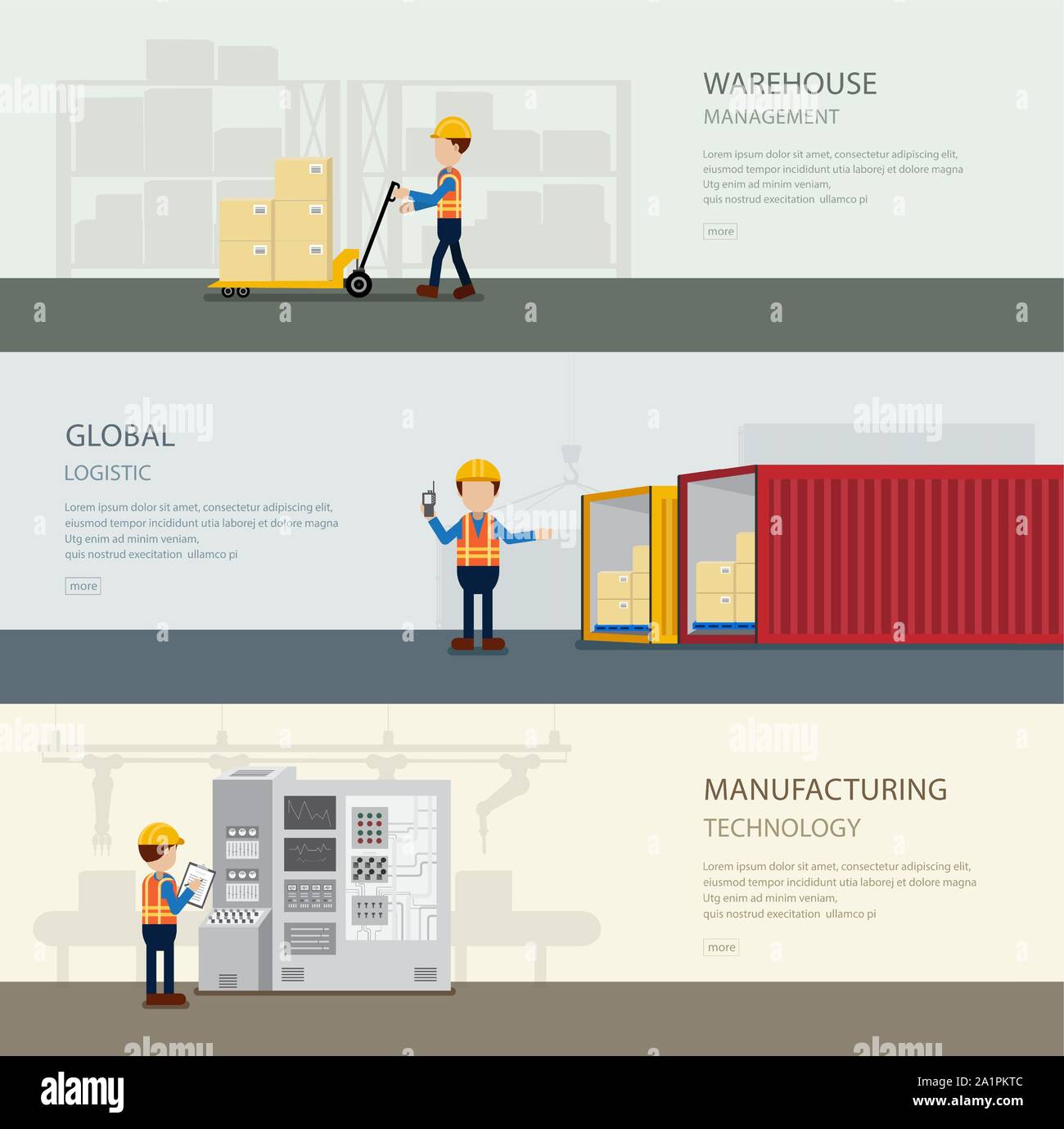 Set of warehoue banners with worker in process vector illustration ...