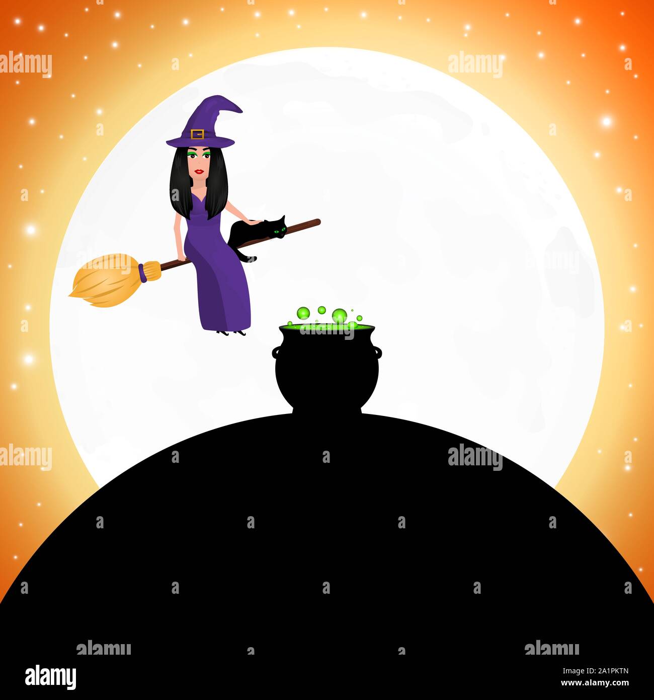 Witch with a cat on a broomstick for Halloween against the background ...
