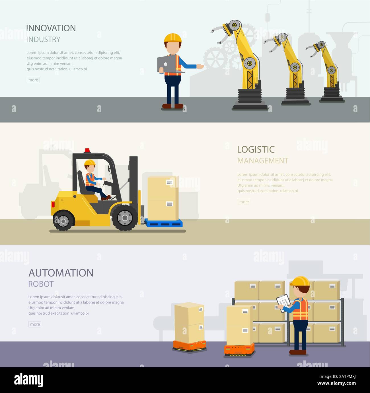 Set of warehoue banners with worker in process vector illustration ...