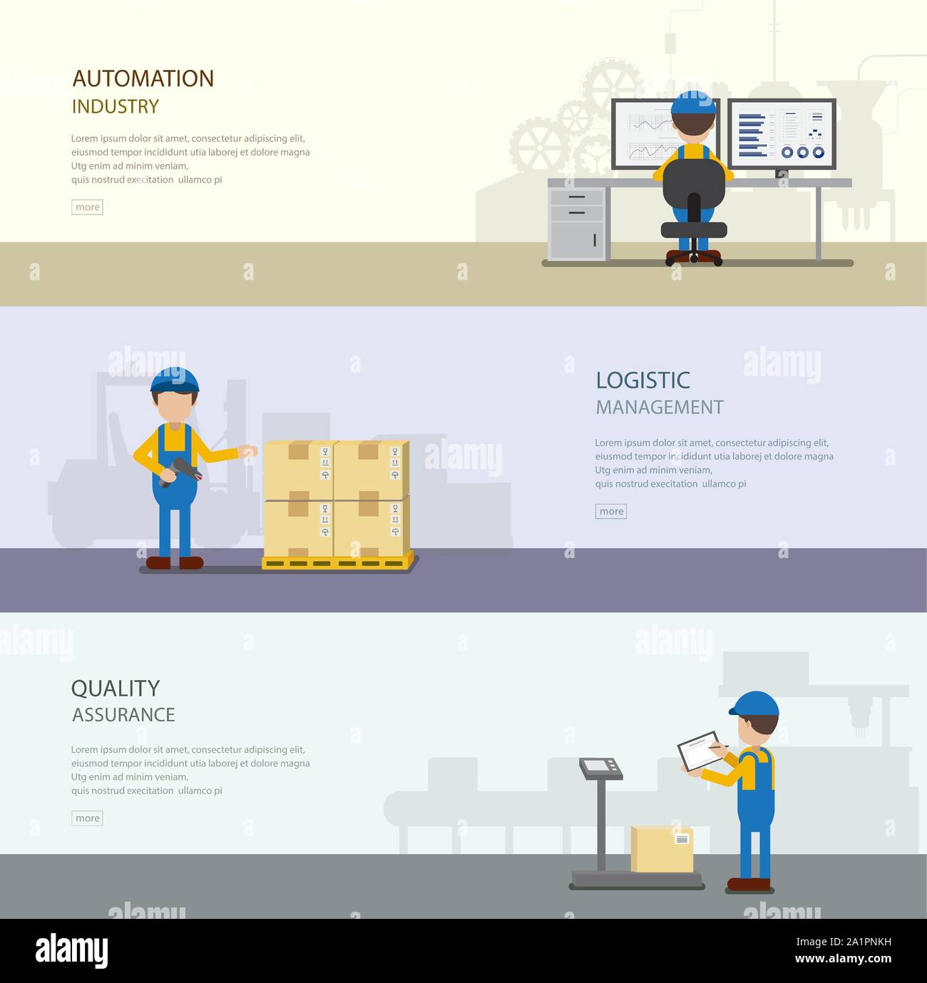 Set of warehoue banners with worker in process vector illustration ...